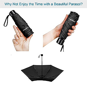 TradMall Mini Travel Umbrella, Portable Lightweight Compact Parasol with 95% UV Protection for Sun & Rain, Black