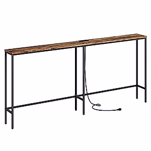 Masupu 70.9 Inch Console Table with Power Outlet,Modern Narrow Long Sofa Table Behind Couch,Skinny Entry Table with Gold Metal Frame for Entryway,Living Room, Hallway,Rustic Brown