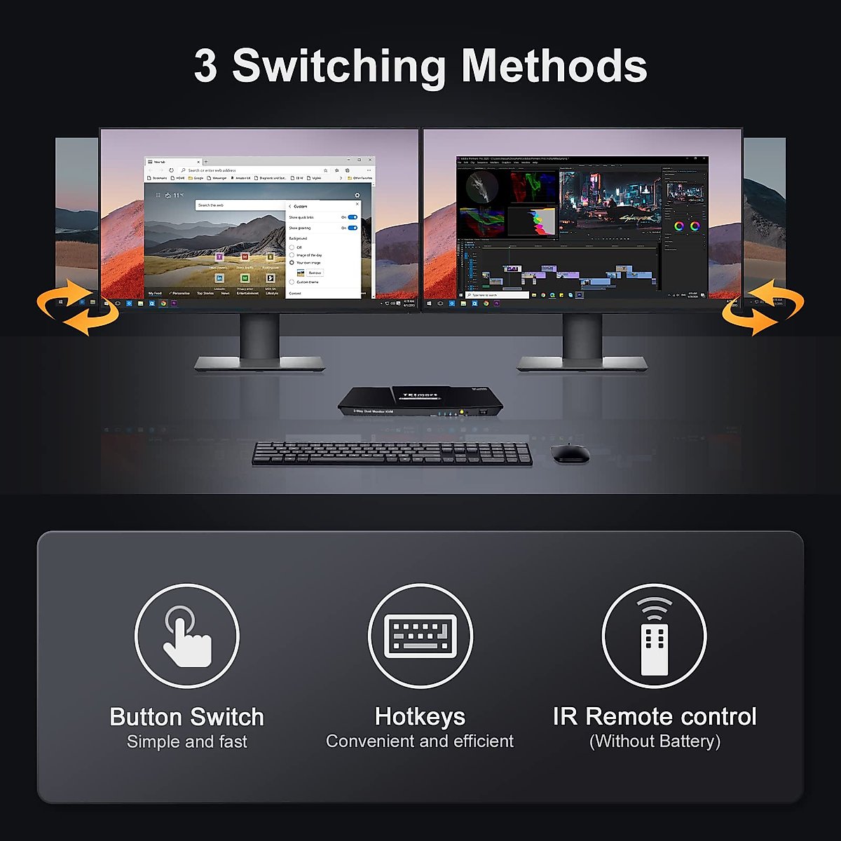 DisplayPort and HDMI KVM Switch 2 Monitors 2 Computers, TESmart 4 Port Dual Monitor KVM Switcher, 4K@60Hz, L/R Out, Keyboard Mouse PC Selector Box with All Input Cables (Black）