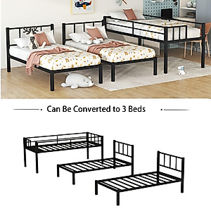 Triple Bunk Beds for 3 Twin Over Two Twin Metal Bunk Bed Frame Three Beds Bunk Bed with Storage Shelf for Kids Boys Girls Teens, Black