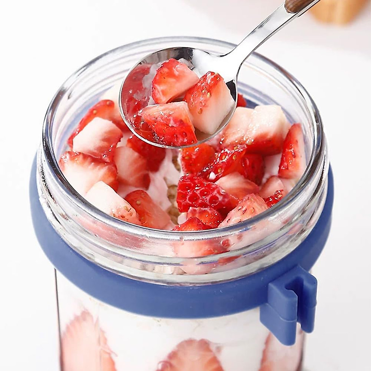 Overnight Oats Jars with Lid and Spoon 380ml Overnight Oats Jars Reusable Yogurt Holder and Cereal Mason Jars with Meter for Salads Milk Cereal Fruit etc (1) (A)