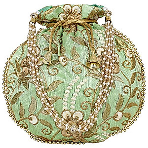 Indian Ethnic Potli bag Ladies Handbag Embroidered Floral Bag for Bridal Batwa Wedding (Light Green)
