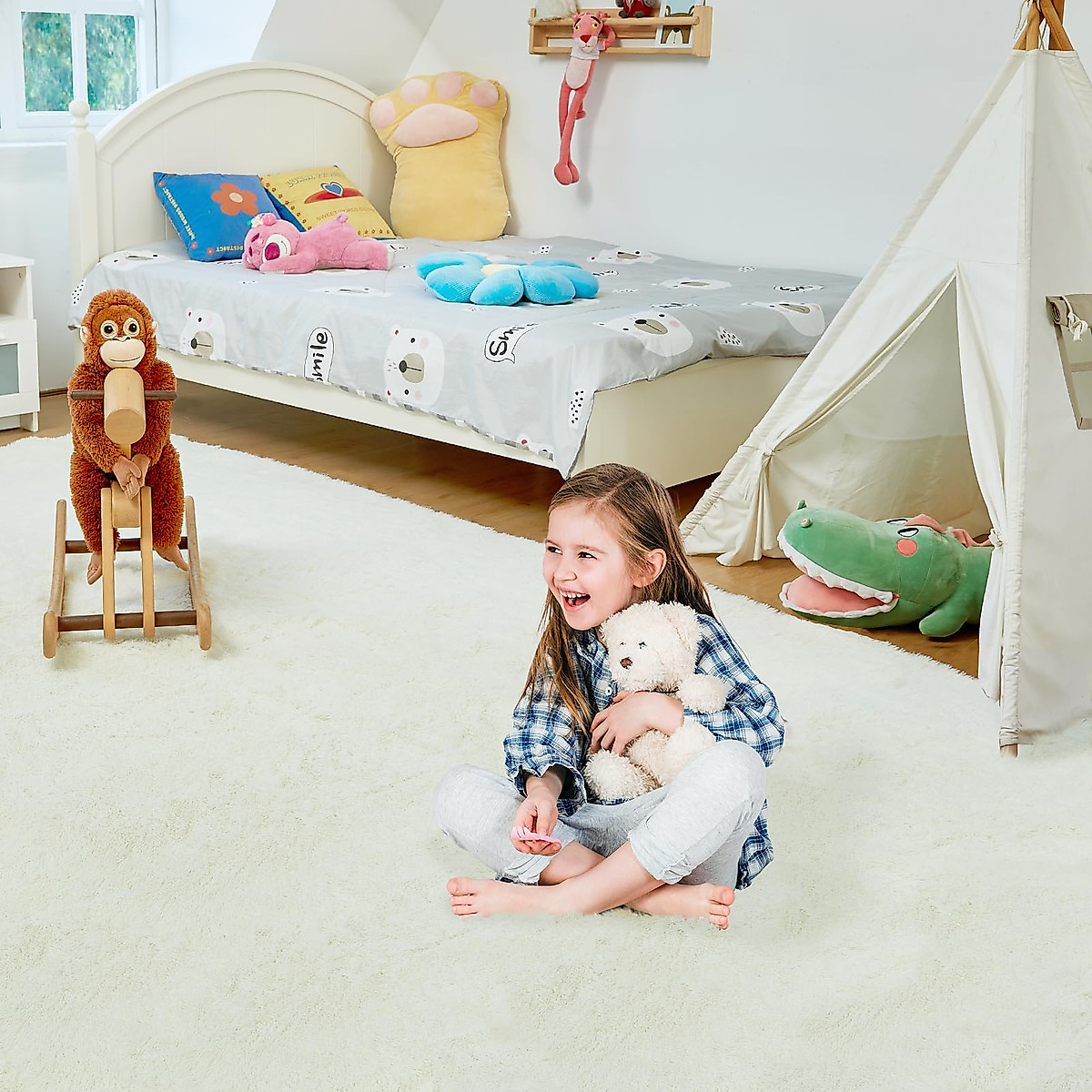 Ultra Soft Rug for Living Room, 8X10 Fluffy Shag Area Rug for Bedroom, Modern Shaggy Carpets Fuzzy Rug for Teens Dorm Nursery Home Decor Aesthetic, Upgrade Anti-Skid Durable, Cream White