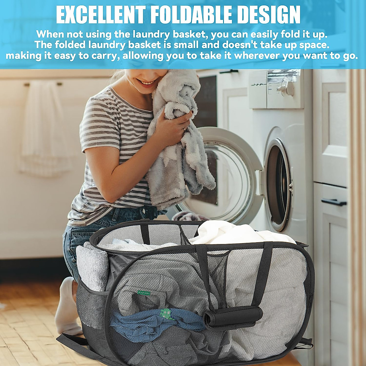 Collapsible Mesh Laundry Basket 2 Pack Pop Up Laundry Basket Mesh Foldable Laundry Basket with Soft Comfortable Handle Pad, Folding Laundry Basket Strong Durable and Excellent Breathability, Black