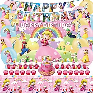 Mario Princess Peach Party Decorations, Mario Princess Peach Birthday Party Supplies Include Banner, Balloons, Hanging Swirls, Backdrops, Cake Toppers, Tablecloth, Mario Princess Peach Party Favors