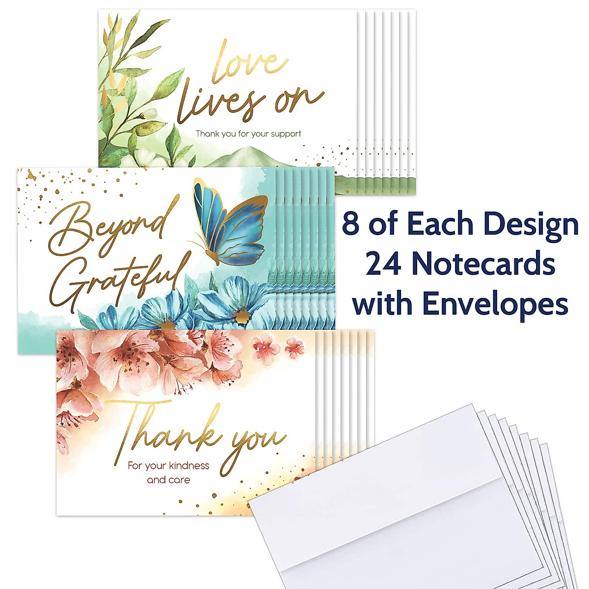 T MARIE 24 Gold Foil Funeral Thank You Cards With Message Inside - 4.5 x 6.25” Floral Bulk Sympathy Flower Thank You Cards with Words Inside - Bereavement Thank You Notes With Envelopes