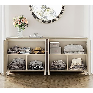 WAMPAT Wide Dresser Chest with Doors for Bedroom, 2-in-1 Modern Beige Wood Closet Storage Organizer with 6 Compartments for Kids Room, Nursery, 70.8x15.3x32.4