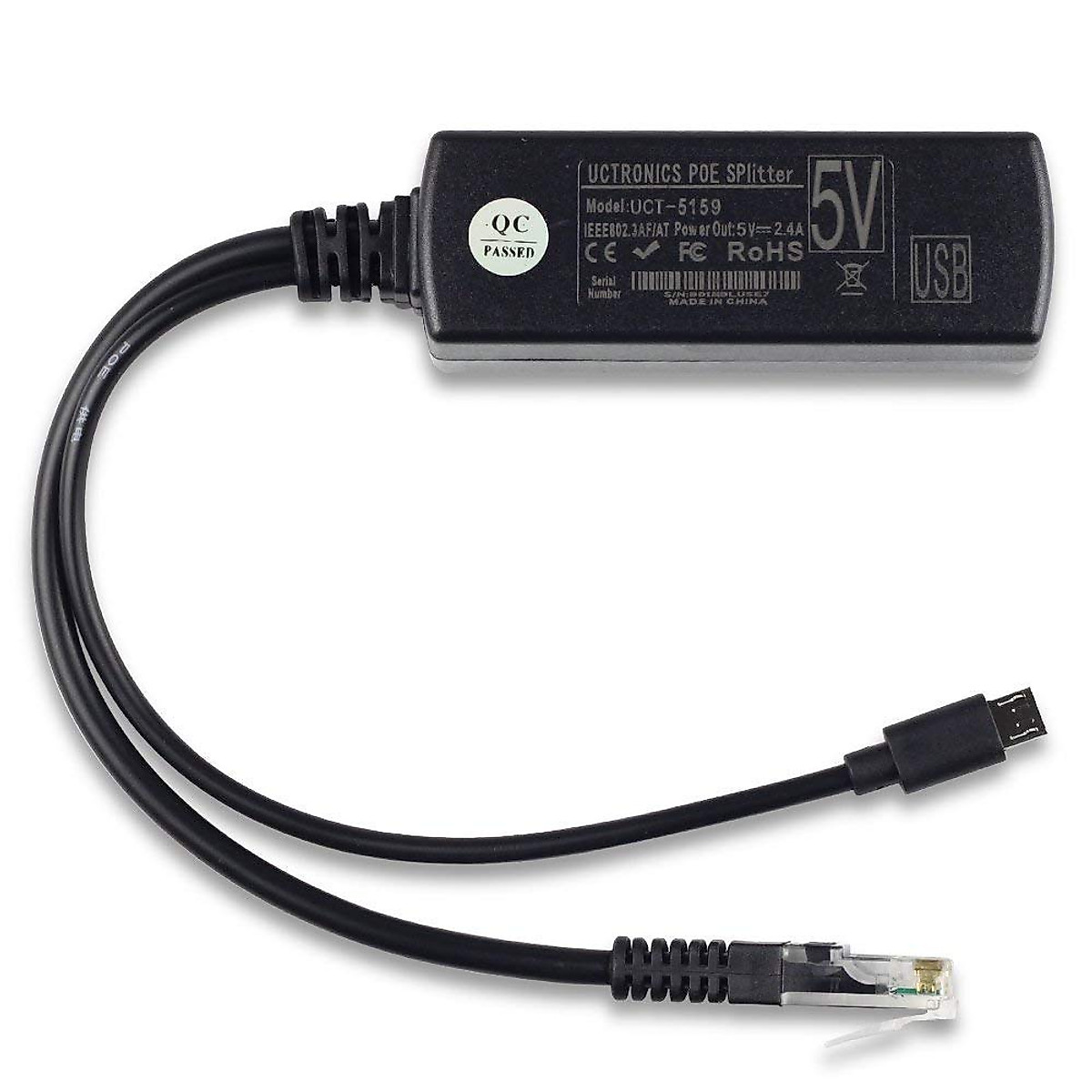 UCTRONICS IEEE 802.3af Micro USB Active PoE Splitter Power Over Ethernet 48V to 5V 2.4A for Tablets, Dropcam or Raspberry Pi 2/3B+ (48V to 5V 2.4A)