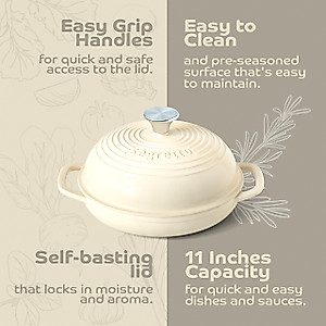 Segretto Cookware Enameled Cast Iron Bread Pan with Lid, 11” Bianco Perla (White) Bread Oven Cast Iron Sourdough Baking Pan, Dutch Oven for Bread