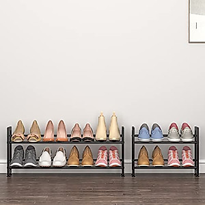 FKUO 2 Tier Shoe Rack for Closet Metal Free Standing Small Shoe Racks, Expandable Shoe Storage Organizer Shelf for Entryway, Hallway, Dorm Room (Black, 2 Tier Short)