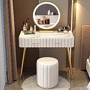 Large Vanity Desk With Round Mirror And Lights Makeup Table With 2 Drawers Dressing Table For Bedroom Golden Metal Legs Make Up Tables For Women Makeup Vanity Desk Set With Vanity Chair ( Color : Whit