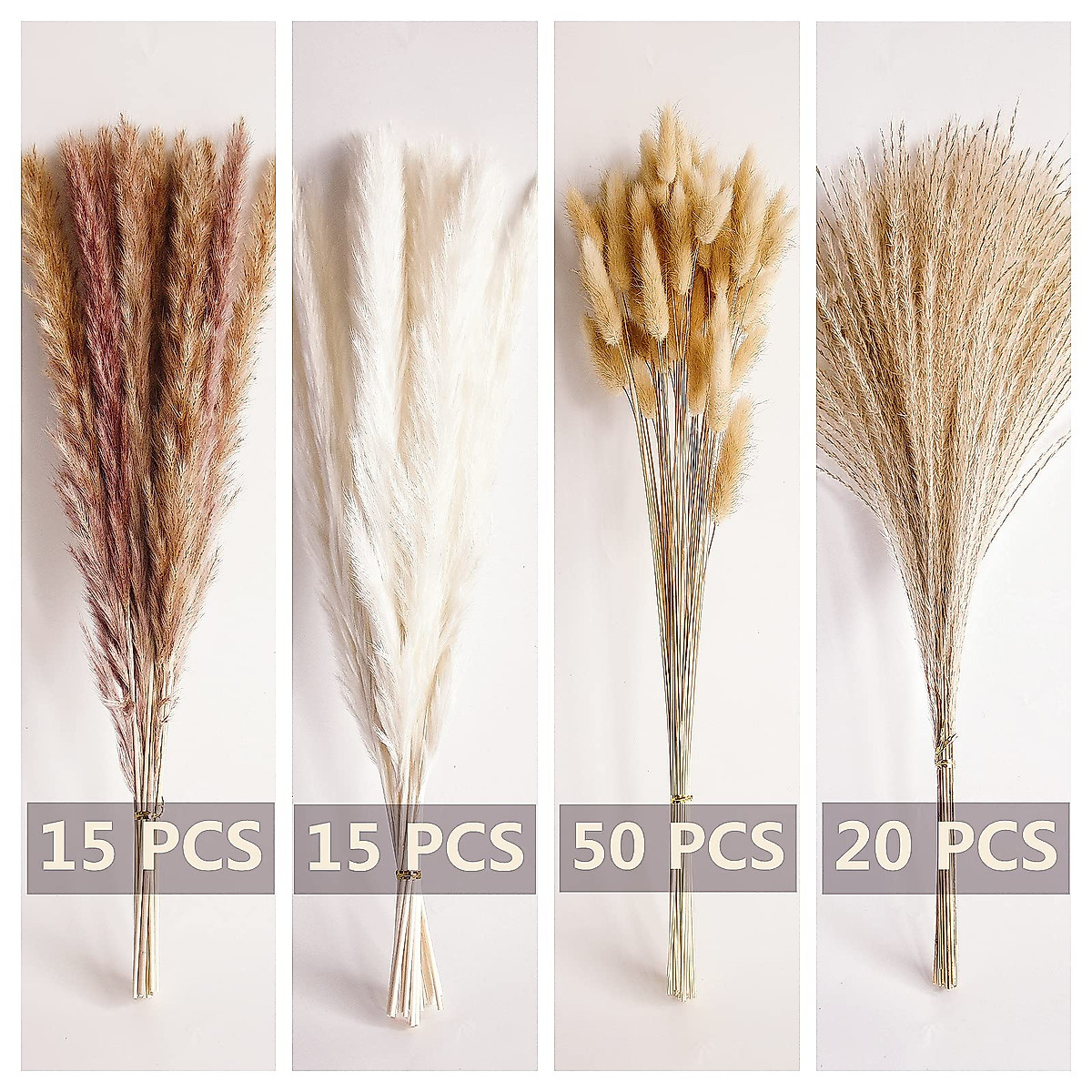 100 PCS Small Boho Pampas Grass, 17" Naturally Dried Pompas, Pampas Grass Decor for Wedding , Boho Party Decorations, Table Decor（Brown and White）