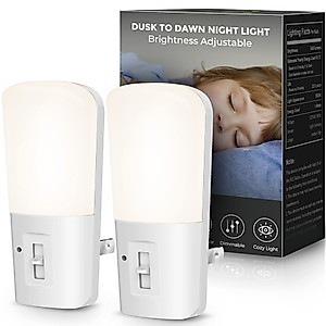 LOHAS Dimmable LED Night Light, Night Lights Plug into Wall, Dusk-to-Dawn Sensor, Daylight White 5000K, Adjustable Brightness 5-80lm Sleep Nightlight for Baby Nursery Bathroom Hallway, 2 Pack