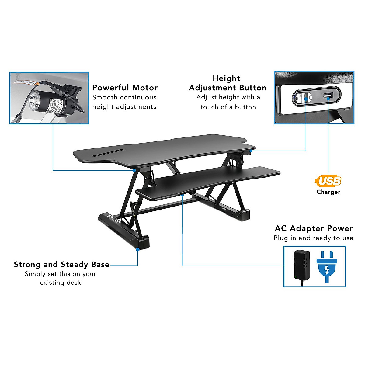 Mount-It! Electric Standing Desk Converter, 48 Inch Extra Wide Motorized Sit Stand Desk with Built in USB Port, Ergonomic Height Adjustable in Black (MI-7962)