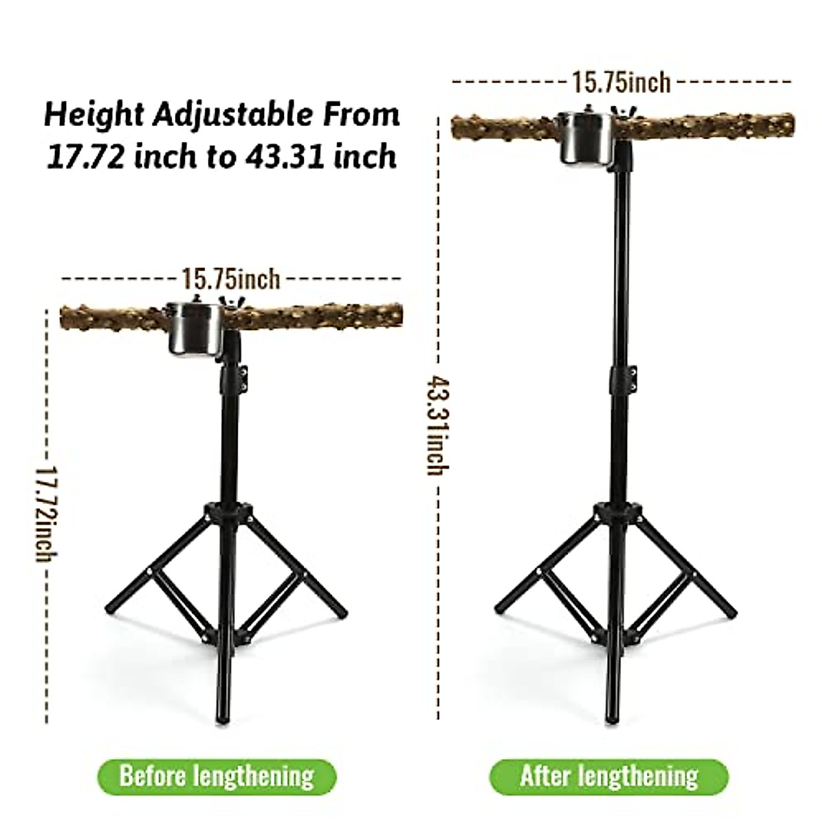 Adjustable Height Bird Perch Stand 43 INCH Parrot Training Perches Metal Bird Play Stand with Feeding Bowls for Small Birds Indoor and Outdoor