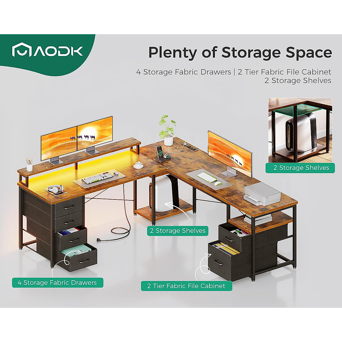 AODK 66" L Shaped Computer Desk, 113“ Reversible Home Office Desk with File Cabinet & 4 Fabric Drawers, Two Person Desk with LED Lights & Power Outlet, Corner Gaming Desk with Monitor Shelf, Vintage