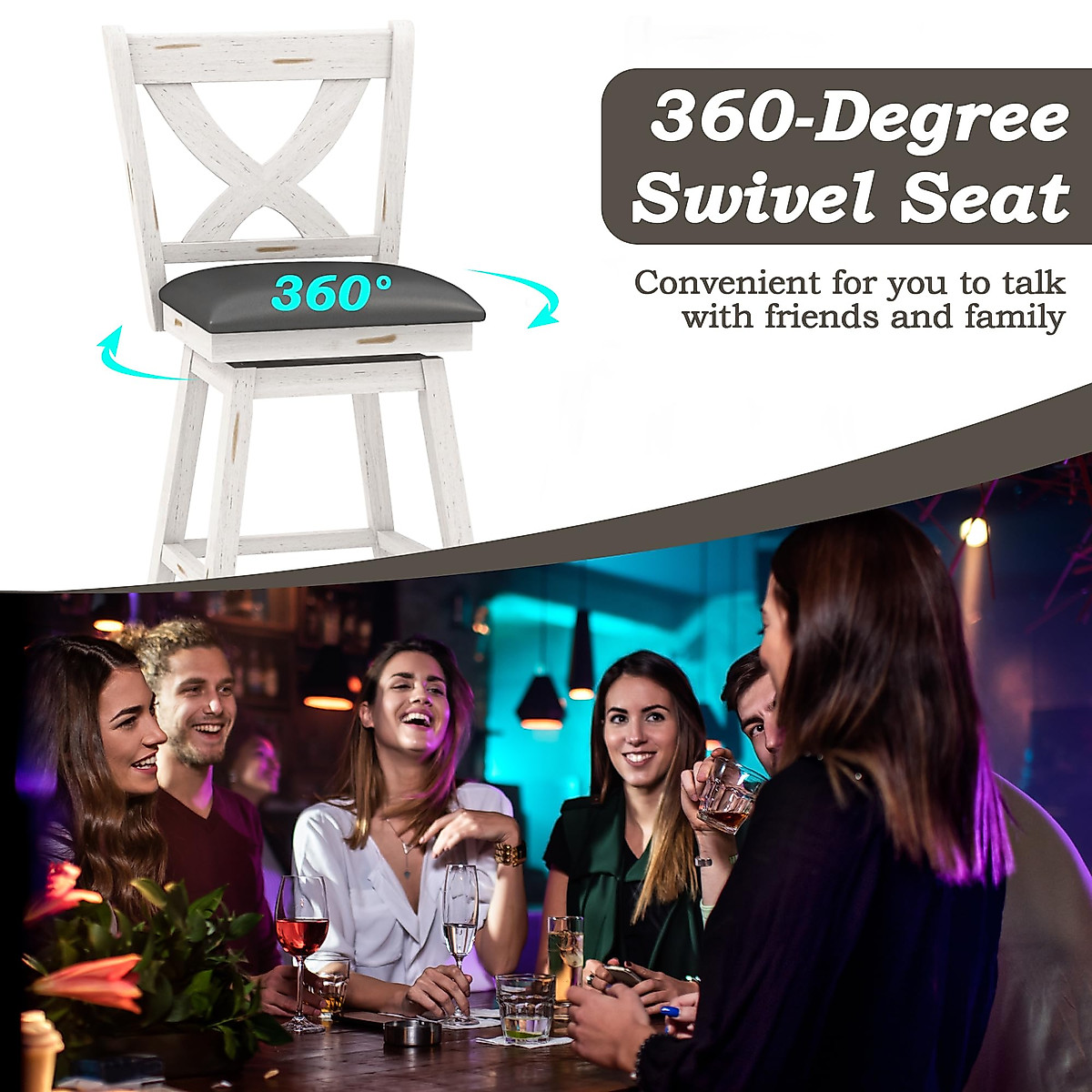 MU Bar Stools Set of 4, 24" Seat Height Counter Height Swivel Barstools with X-Back, Upholstered 360 Degree Swivel Dining Chair with PVC Cushioned Seat, Footrest & Wood Legs, White