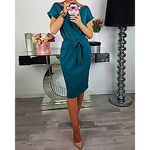 PRETTYGARDEN Women's Summer Short Sleeve Crewneck Striped Dress Basic Solid Tie Waist Office T Shirt Dresses Pockets Dark Green