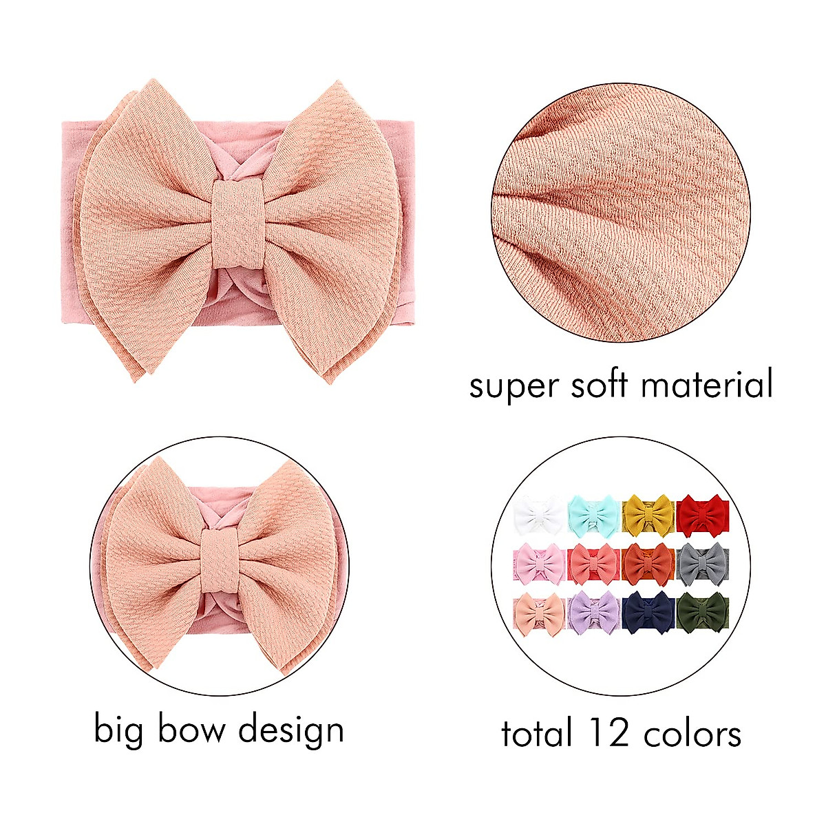 Dizila 12 Pack Elastic Big Bow Wide Nylon Headbands Hairbands Turban Headwraps Hair Accessories for Baby Girls Newborns Infants Toddlers Kids