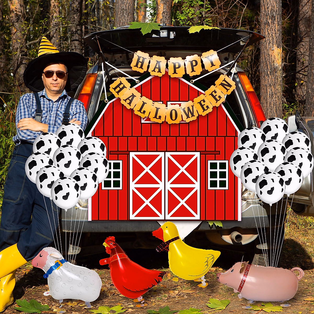 Preboun Halloween Farm Theme Trunk or Treat Decorations for Cars Red Barn Door Backdrop with 8 Pack Walk Animal Balloons 25 Pack Cow Balloons for Halloween Archway Garage Decorations
