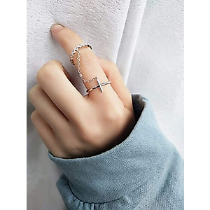 Double Open Cross Faith Rings for Women Silver Plated CZ Geometric Chain Unique knuckle Stacking Finger Adjustable Statement Engagement Ring Gifts for Her Bff Xmas