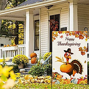 Happy Thanksgiving Garden Flags, Thanksgiving Yard Flag, Pumpkins Maple leaves Fall Flag Harvest Turkey Flags Double Sided Burlap House Decorations for Home 12 x 18 Inch
