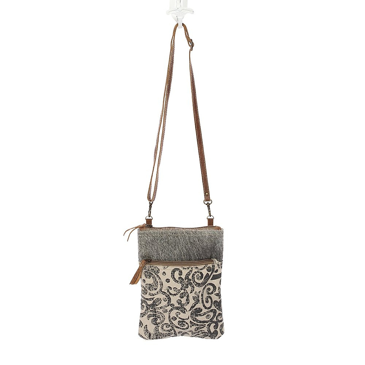 Myra Bag Leaf Swirls Cowhide & Upcycled Canvas Crossbody Bag S-1155