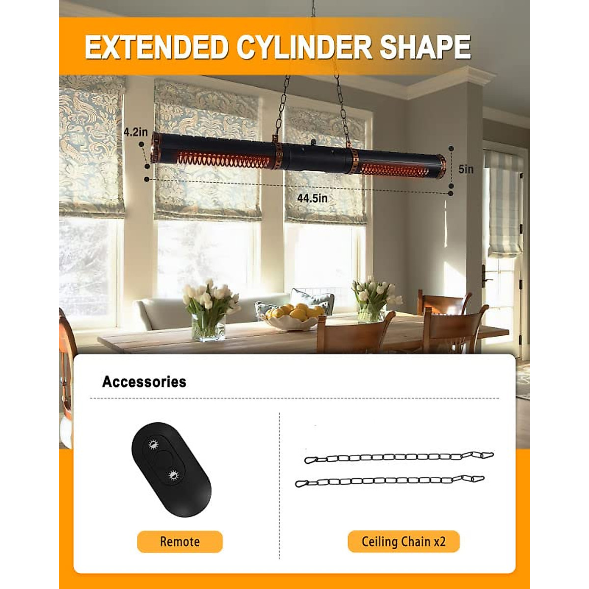 Star Patio Electric Patio Heater, Hanging Patio Heater, Ceiling Outdoor Heater with Remote, 750/1500W Infrared Heater with Cylinder Shape, Sectional & Silent Heating, IP54 Waterproof, STP2566-RMLED-C