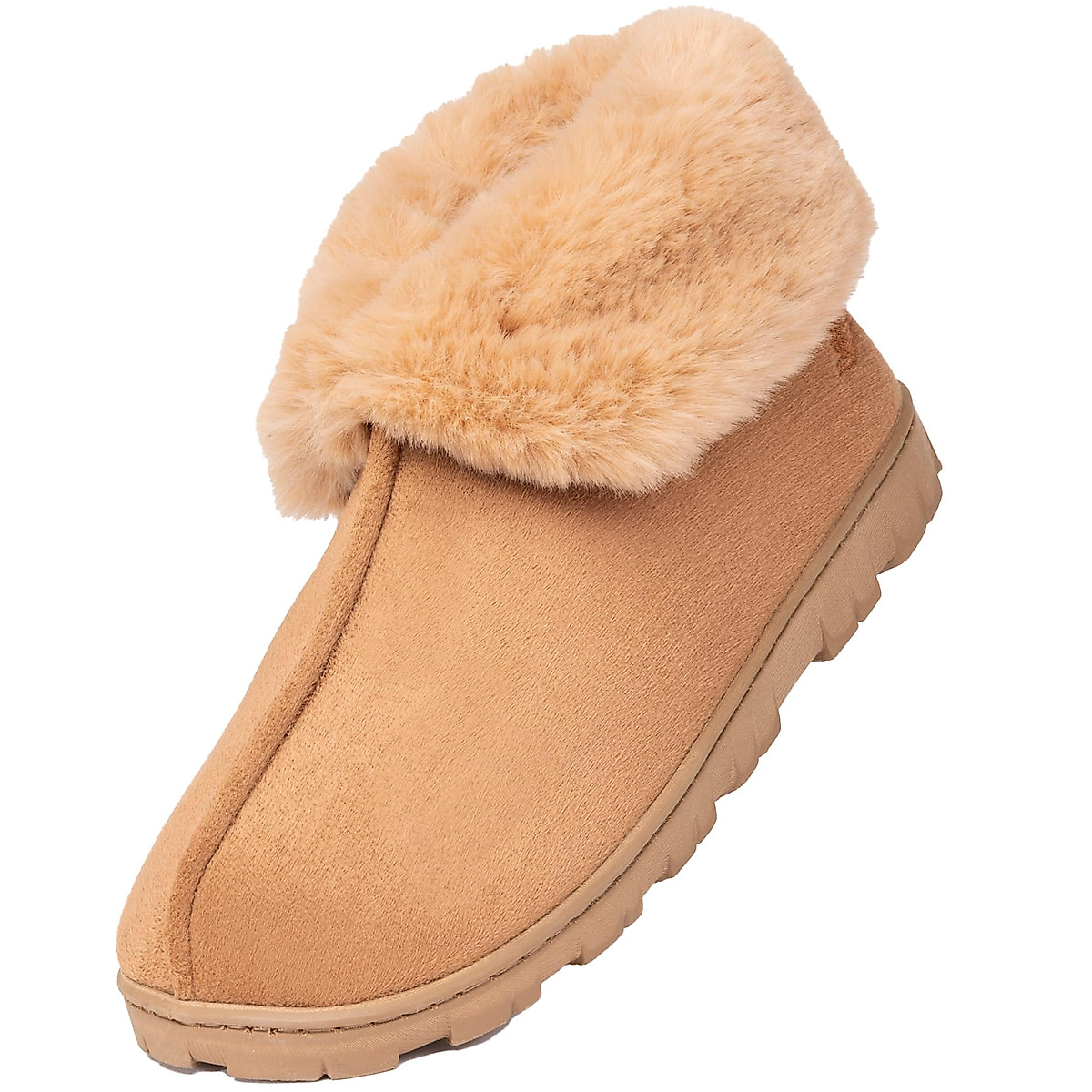 EUROPEAN SOFTEST Women's Micro Suede Faux Fur Fleece Lined Cozy 80-D High-Density Memory Foam Winter Slipper Bootie Breathable House Shoes with Non Skid Indoor Outdoor Sole (5-6, Camel)