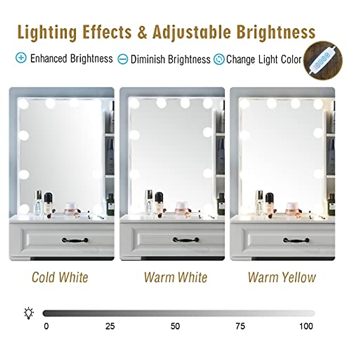 Xinhonglei Modern Makeup Vanity Dressing Table with 10 Led Lights Mirror, Vanity Desk with 4 Drawers & Stool, White Large Vanity Set for Women Girls' Bedroom Furniture