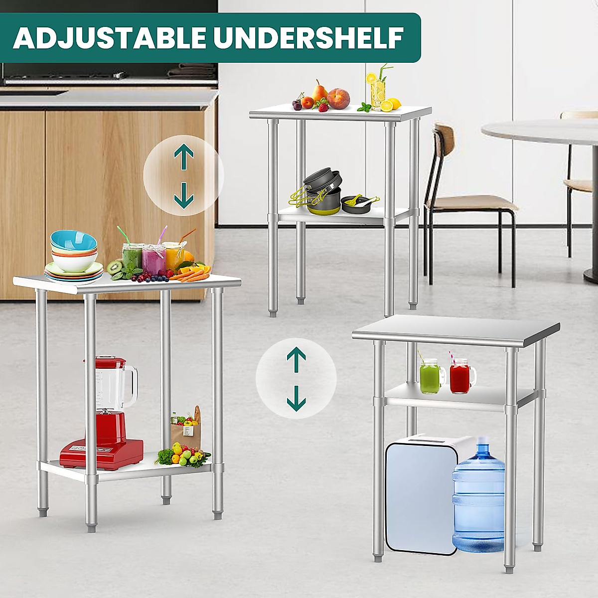 YBLFDY 24x30 Stainless Steel Table with Wheels and Adjustable Feet for Home Kitchen NSF Stainless Steel Prep Table,Metal Table with Undershelf for Garden