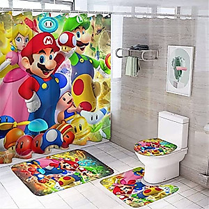 Cartoon 4 Piece Bathroom Set, Waterproof Shower Curtains for Bathroom Set with Shower Mat Non Slip & Toilet Lid Cover and U Shower Mat