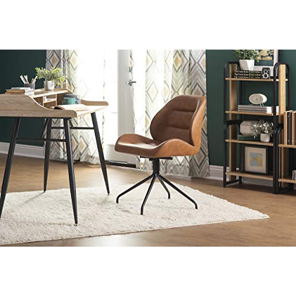 Calico Designs Devonport Swivel Armless, No Casters, Home Office Accent Chair in Black Metal 4-Star Base/Anitque Spotted Copper Faux Leather with Stitch Detail