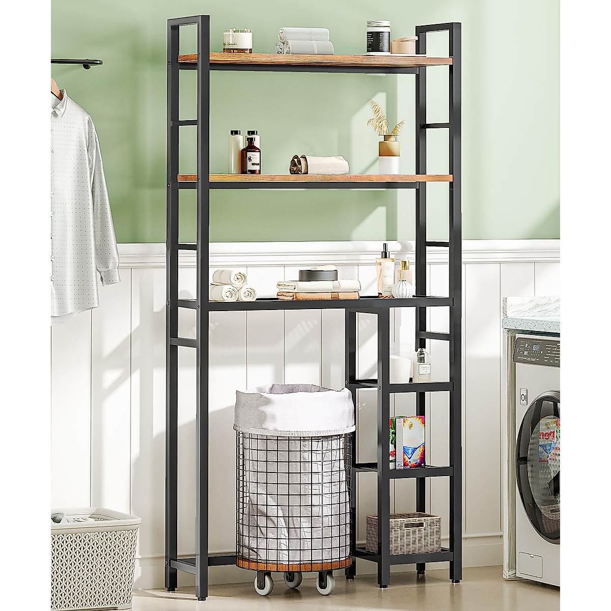 HOOBRO 6-Tier Over The Toilet Storage, Freestanding Bathroom Organizer Space Saver, Mass-Storage Side Storage Open Rack, for Bathroom, Living Room, Laundry, Rustic Brown and Black BF02TS01