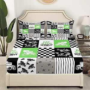 Eat Sleep Sprint Fitted Sheet Twin Size Race Car Green White Bedding Set Set for Kids Teens Adults Speed Sports Car Bed Sheet Set Extreme Sports Bed Cover Room Decor 2Pcs with 1 Pillow Case