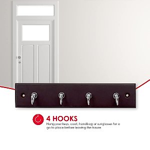Home Basics 4 Hook Wall Mounted Key Rack Engineered Cherry Wood Finish for Organizing Keys, Coats, and Accessories | Simple Design adds a Function Addition to Any entryway, Kitchen, or Hallway