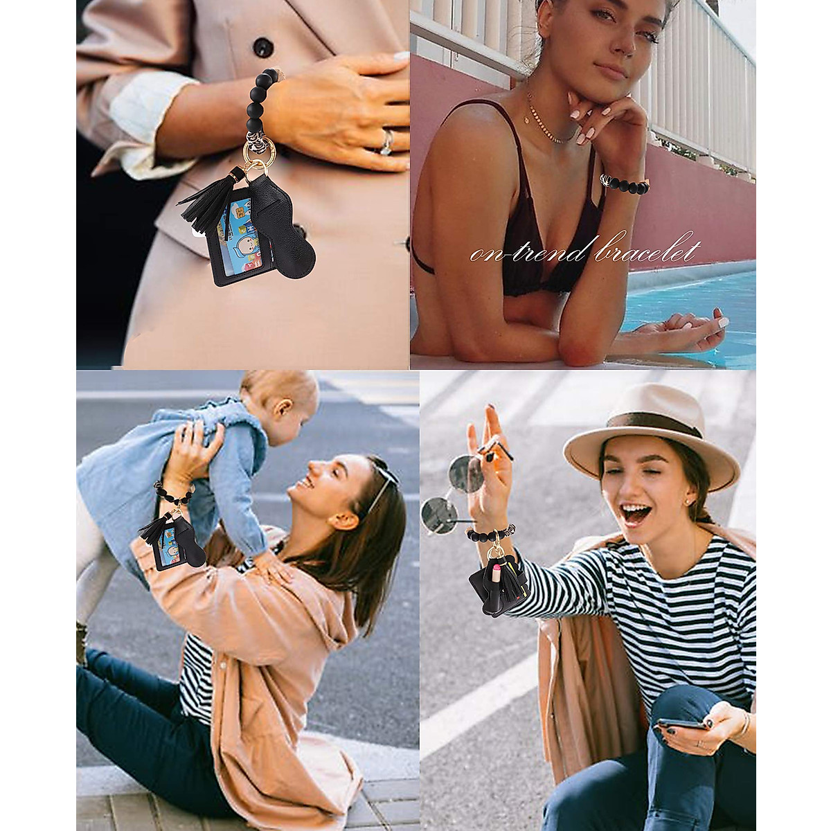 BVGA Wristlet Keychain Bracelet with Wallet，Silicone Bead keyring Bracelet Bangle Car Key Ring Holder Tassel Keyring for Women