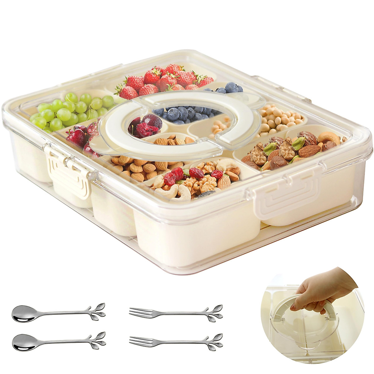 Atildp Snackle Box Container: Divided Serving Tray with Lid and Handle, Includes 8 Compartments for Dry Fruit Snack Box, Portable Fruit Tray Great for Kitchen, Party, Picnic, Travel