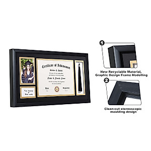 ELSKER&HOME 11x22 Diploma Frames with Tassel Holder for 8.5x11 Certificate Document Shadow Box, 4x6 Graduation Photo, Matte Black Frame, Degree Double Mat, Black with Gold Rim