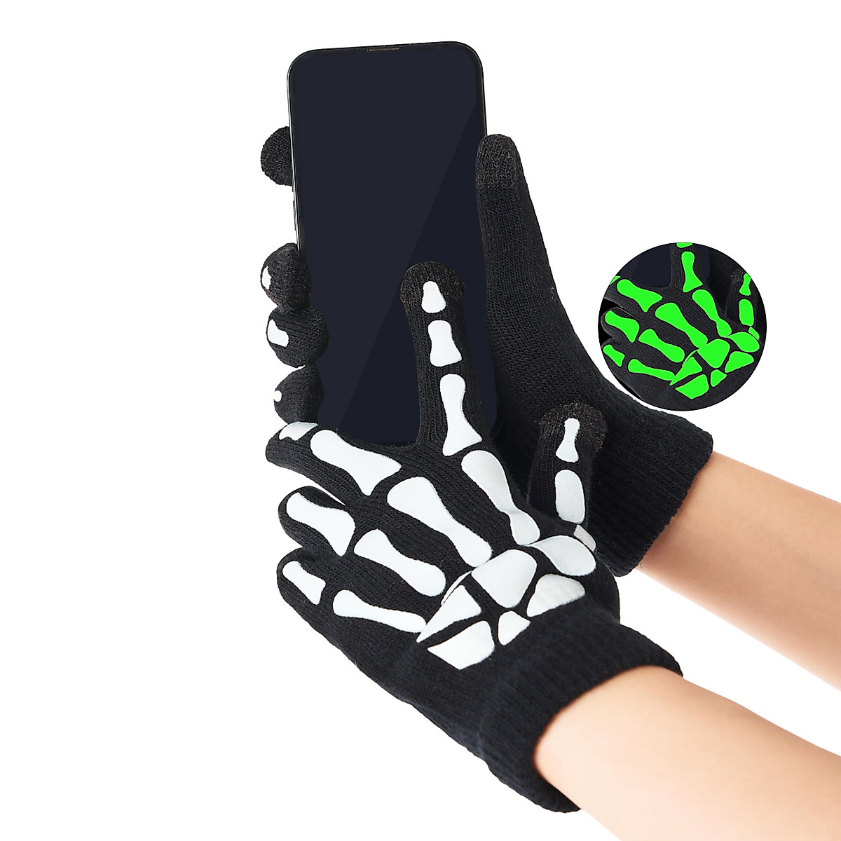 Spooktacular Creations Skeleton Gloves with Touchscreen, Glow in the Dark Short Skeleton Gloves for Adults, Kids, Halloween Costume Accessory, Cosplay Party