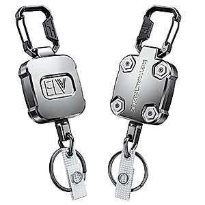 ELV Retractable ID Badge Holder, Retractable Keychain Badge Reel, Heavy Duty Metal Body, Strong Dyneema Cord, Carabiner and Key Chain, 30 inch Wire Extension, Hold Up to 15 Keys and Tools [1 Pack]