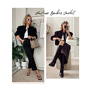 Aedceal Women's Cropped Bomber Jacket Button Down Stand Collar Varsity Coats Outerwears with Pockets(Black-M)