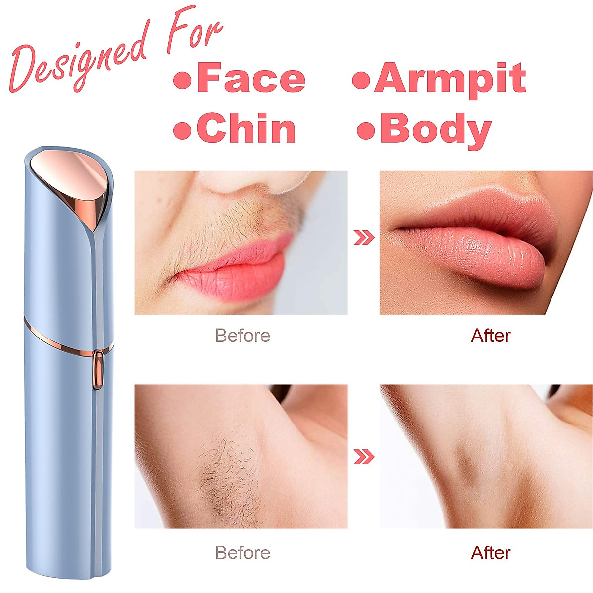 LAIKME Facial Hair Remover, Removal Shaver for Women, Rosarden USB Rechargeable IPX6 Waterproof Eyebrow Face Razor Trimmer for Lips, Body, Arms, Mustaches, Fuzz and Chin (Blue)