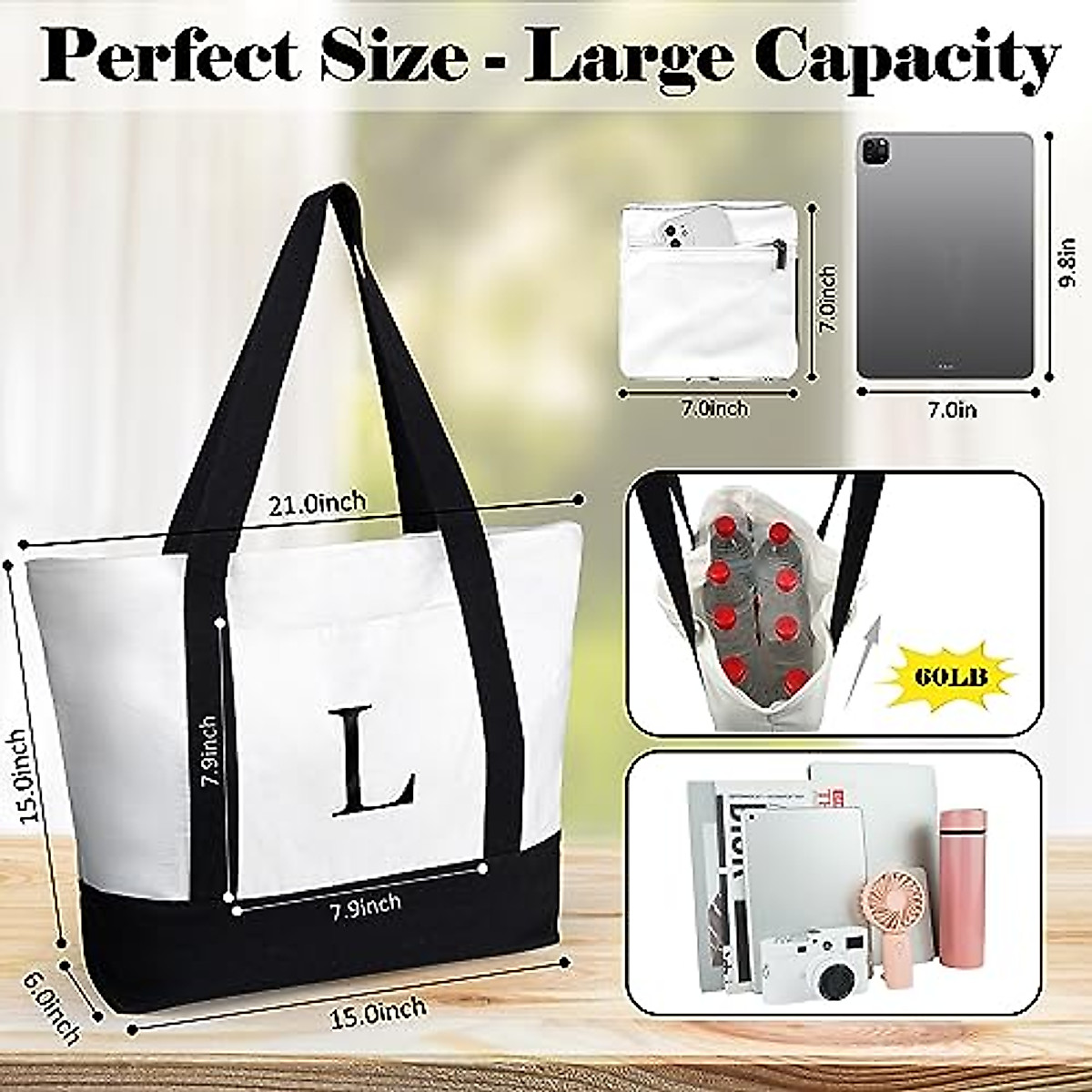 AUNOOL Tote Bag for Women - Grandma Birthday Gifts Initial Embroidery Canvas Bag Makeup Bag, Personalized Gifts for Friends Female Teacher Appreciation Gifts, Reusable Gift Bag Bridesmaids Gift, J