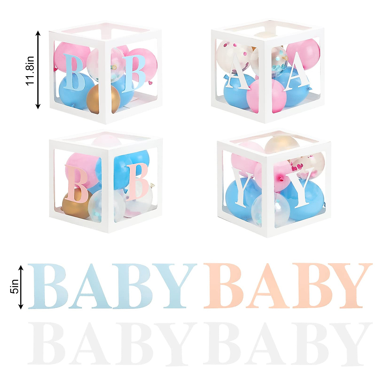 RUBFAC 150pcs Baby Boxes Blue and Pink Balloons Arch, Garland Gender Reveal Decorations Kit, 4pcs Baby Boxes with Letters for Baby Shower Birthday Boy or Girl Baby Party Supplies