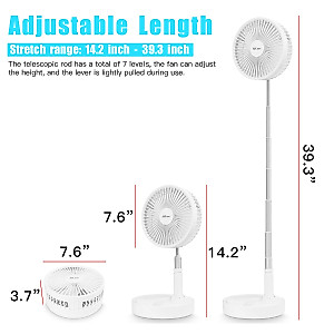 AICase Stand Fan,Folding Portable Telescopic Floor/USB Desk Fan with 7200mAh Rechargeable Battery,4 Speeds Super Quiet Adjustable Height and Head Great for Office Home Outdoor Camping