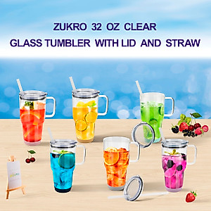 Zukro 32 oz Drinking Glass Tumbler with Handle, Iced Coffee Cup with Straw and Lid, Reusable Glass Bubble Tea Water Cup With Silicone Bumper, Fits In Cup Holder, Dishwasher Safe, BPA Free, Watermelon