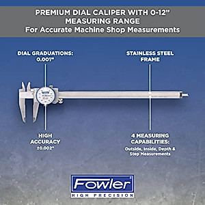 Fowler 52-008-712-0, Premium Dial Caliper With 0-12" Measuring Range (White)