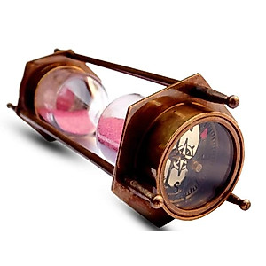 MERIDIAN NAUTICALS 6" Hand Made Solid Brass Decorative Sand Timer 3 min Hour Glass with Fully Functional Compasses