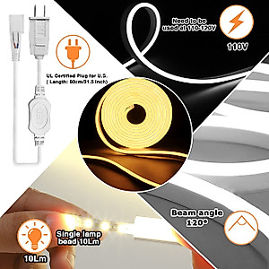 qnnp LED Neon Rope Light 16.4ft/5m LED Lights Strip AC110-120V Waterproof Cuttable Flexible Neon Strip Lights for Indoor&Outdoor Decoration Kitchen Bedroom Garden Hotel (Power Adapter Included)